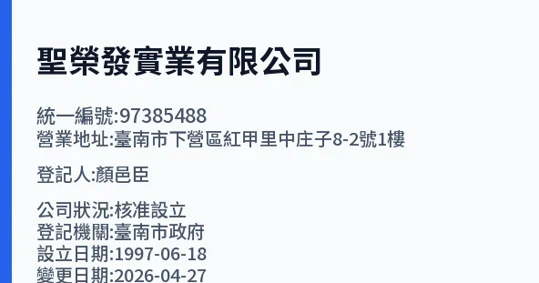 聖榮發實業有限公司的照片-統編 97385488(臺南市) 公司登記資料與營業項目詳細圖表