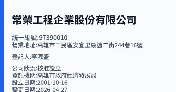 常榮工程企業股份有限公司的照片-統編 97390010(高雄市) 公司登記資料與營業項目詳細圖表