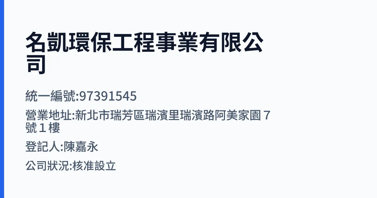 名凱環保工程事業有限公司 - 統編 97391545(新北市) 公司登記資料與營業項目詳細圖表