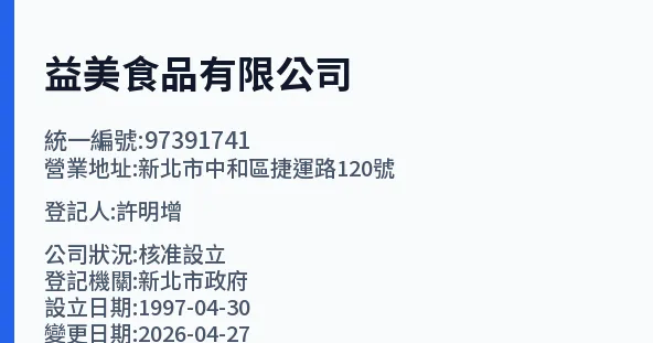 益美食品有限公司的照片-統編 97391741(新北市) 公司登記資料與營業項目詳細圖表