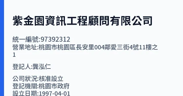 紫金園資訊工程顧問有限公司的照片-統編 97392312(桃園市) 公司登記資料與營業項目詳細圖表