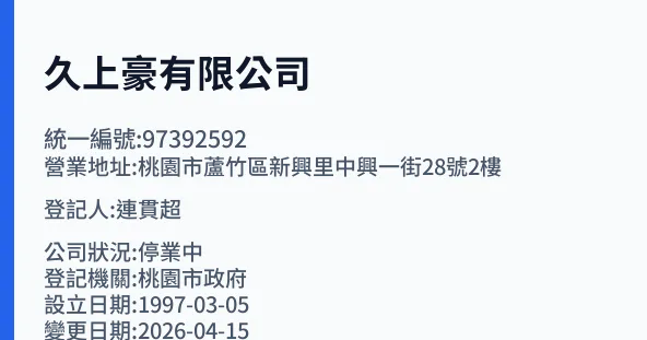 久上豪有限公司的照片-統編 97392592(桃園市) 公司登記資料與營業項目詳細圖表