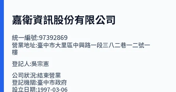 嘉衛資訊股份有限公司的照片-統編 97392869(臺中市) 公司登記資料與營業項目詳細圖表