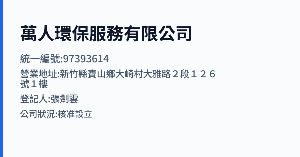 萬人環保服務有限公司 - 統編 97393614(新竹縣) 公司登記資料與營業項目詳細圖表