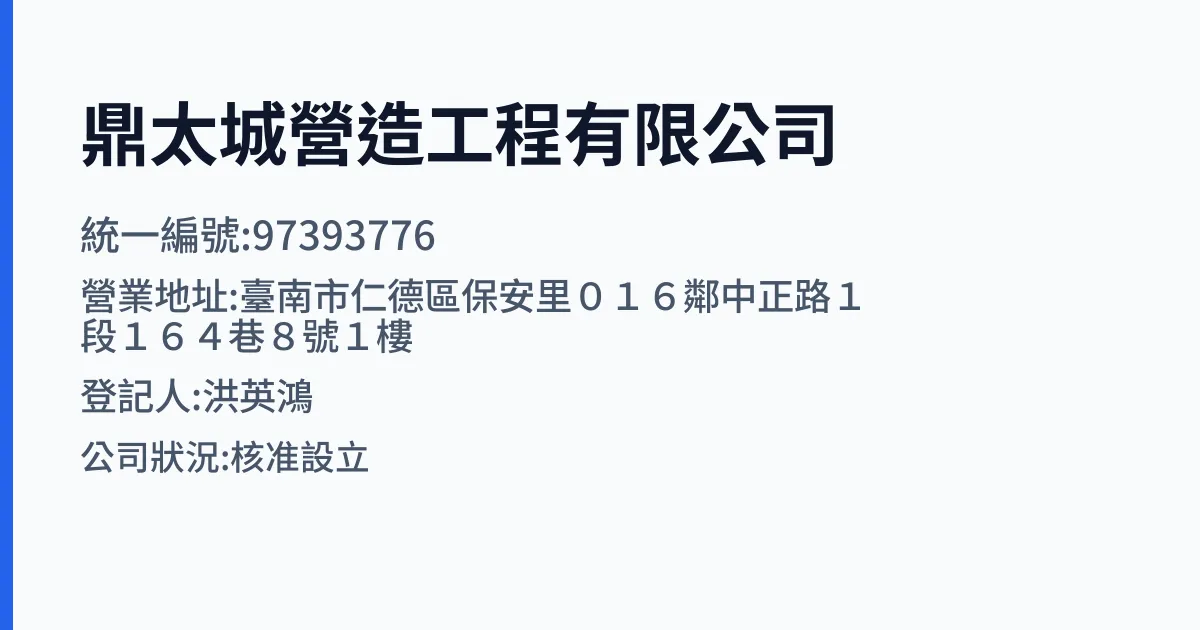 鼎太城營造工程有限公司 - 統編 97393776(臺南市) 公司登記資料與營業項目詳細圖表