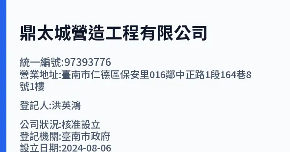 鼎太城營造工程有限公司的照片-統編 97393776(臺南市) 公司登記資料與營業項目詳細圖表