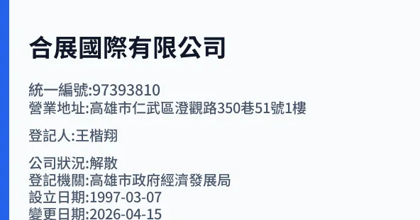 合展國際有限公司的照片-統編 97393810(高雄市) 公司登記資料與營業項目詳細圖表