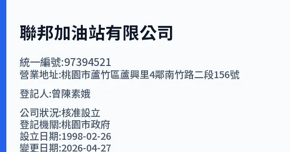 聯邦加油站有限公司的照片-統編 97394521(桃園市) 公司登記資料與營業項目詳細圖表