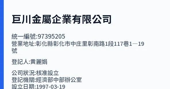 巨川金屬企業有限公司的照片-統編 97395205(彰化縣) 公司登記資料與營業項目詳細圖表