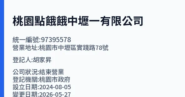 桃園點餓餓中壢一有限公司的照片-統編 97395578(桃園市) 公司登記資料與營業項目詳細圖表