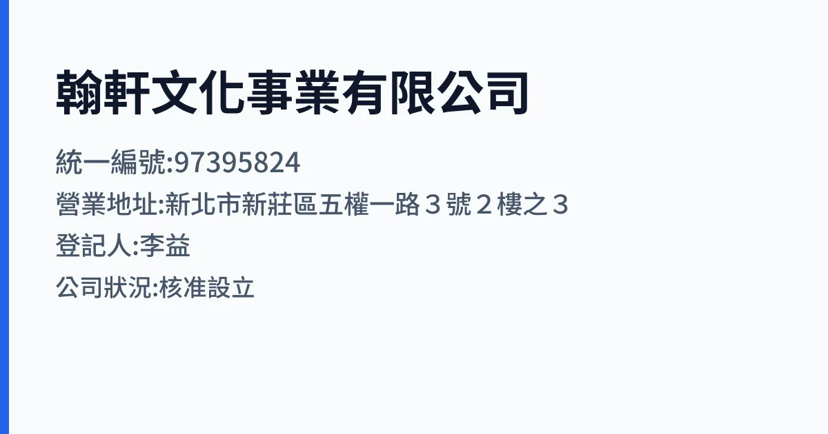 翰軒文化事業有限公司 - 統編 97395824(新北市) 公司登記資料與營業項目詳細圖表