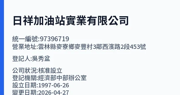 日祥加油站實業有限公司的照片-統編 97396719(雲林縣) 公司登記資料與營業項目詳細圖表