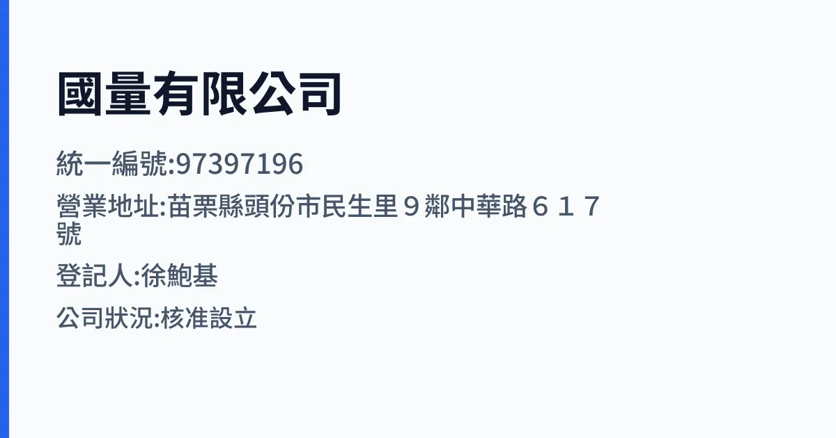 國量有限公司 - 統編 97397196(苗栗縣) 公司登記資料與營業項目詳細圖表