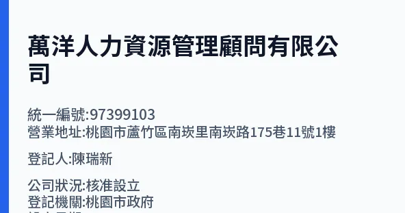 萬洋人力資源管理顧問有限公司的照片-統編 97399103(桃園市) 公司登記資料與營業項目詳細圖表