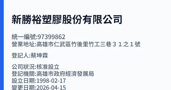 新勝裕塑膠股份有限公司的照片-統編 97399862(高雄市) 公司登記資料與營業項目詳細圖表