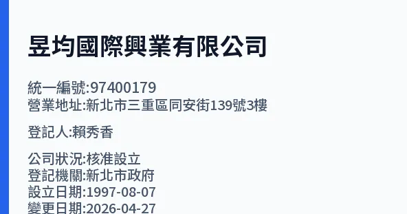 昱均國際興業有限公司的照片-統編 97400179(新北市) 公司登記資料與營業項目詳細圖表
