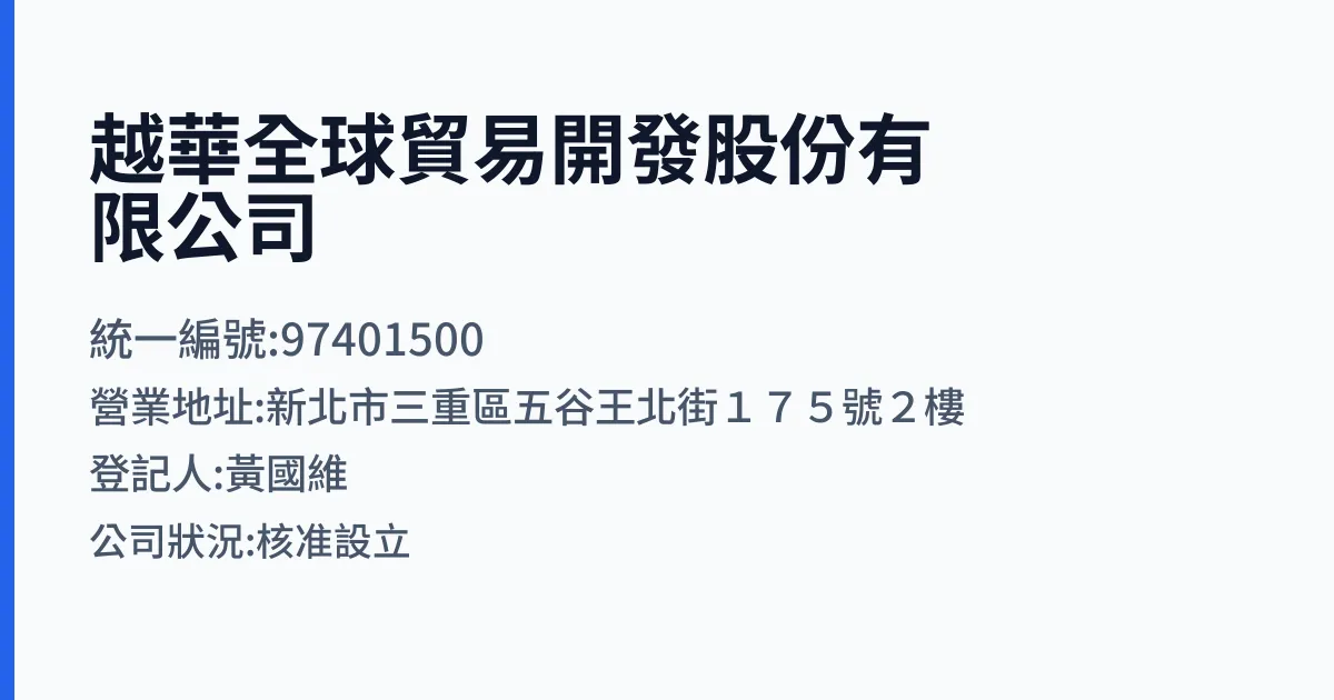 越華全球貿易開發股份有限公司 - 統編 97401500(新北市) 公司登記資料與營業項目詳細圖表