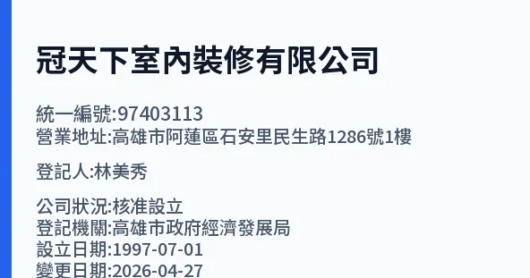 冠天下室內裝修有限公司的照片-統編 97403113(高雄市) 公司登記資料與營業項目詳細圖表