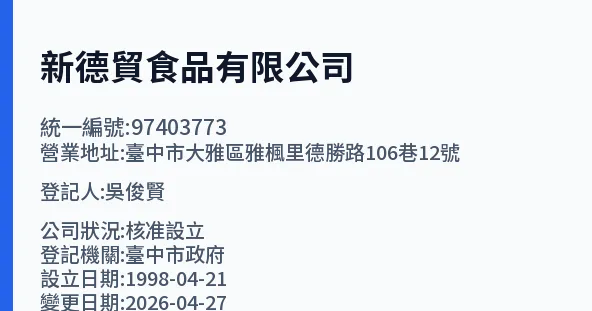 新德貿食品有限公司的照片-統編 97403773(臺中市) 公司登記資料與營業項目詳細圖表