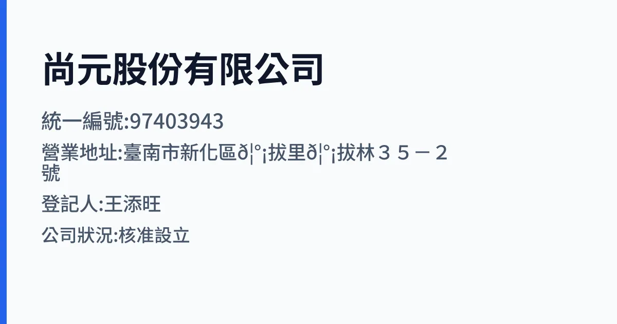 尚元股份有限公司 - 統編 97403943(臺南市) 公司登記資料與營業項目詳細圖表