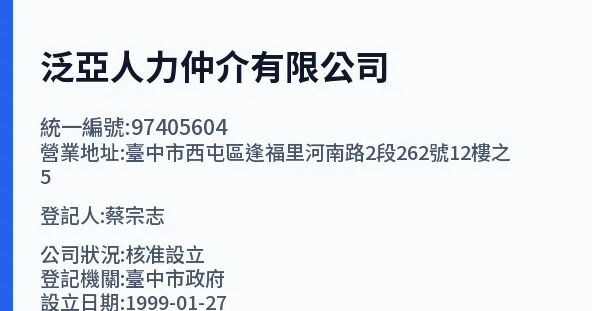 泛亞人力仲介有限公司的照片-統編 97405604(臺中市) 公司登記資料與營業項目詳細圖表