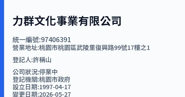 力群文化事業有限公司的照片-統編 97406391(桃園市) 公司登記資料與營業項目詳細圖表