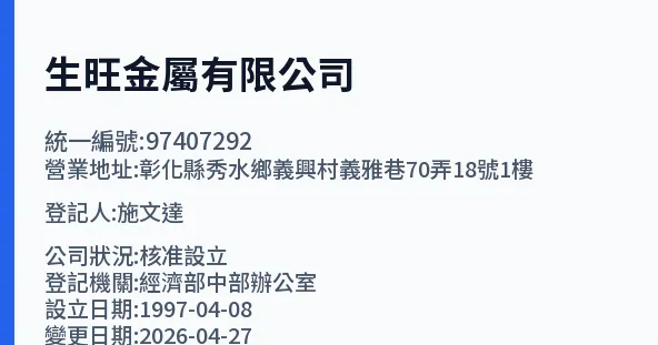 生旺金屬有限公司的照片-統編 97407292(彰化縣) 公司登記資料與營業項目詳細圖表