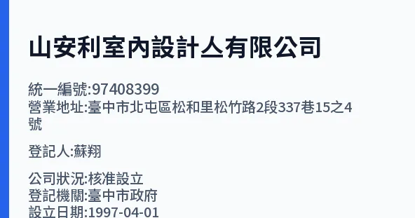 山安利室內設計亼有限公司的照片-統編 97408399(臺中市) 公司登記資料與營業項目詳細圖表