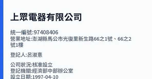 上眾電器有限公司的照片-統編 97408406(澎湖縣) 公司登記資料與營業項目詳細圖表