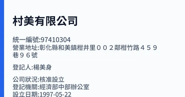 村美有限公司的照片-統編 97410304(彰化縣) 公司登記資料與營業項目詳細圖表