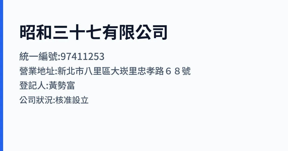 昭和三十七有限公司 - 統編 97411253(新北市) 公司登記資料與營業項目詳細圖表