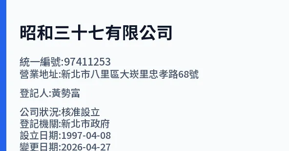 昭和三十七有限公司的照片-統編 97411253(新北市) 公司登記資料與營業項目詳細圖表