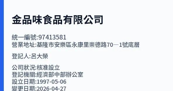 金品味食品有限公司的照片-統編 97413581(基隆市) 公司登記資料與營業項目詳細圖表