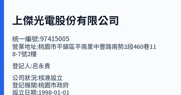 上傑光電股份有限公司的照片-統編 97415005(桃園市) 公司登記資料與營業項目詳細圖表