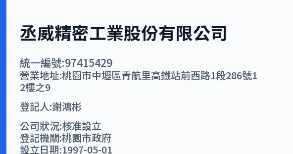 丞威精密工業股份有限公司的照片-統編 97415429(桃園市) 公司登記資料與營業項目詳細圖表