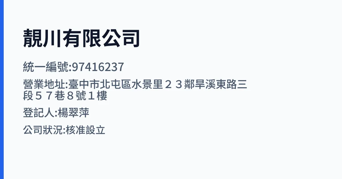 靚川有限公司 - 統編 97416237(臺中市) 公司登記資料與營業項目詳細圖表