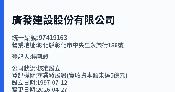 廣發建設股份有限公司的照片-統編 97419163(彰化縣) 公司登記資料與營業項目詳細圖表