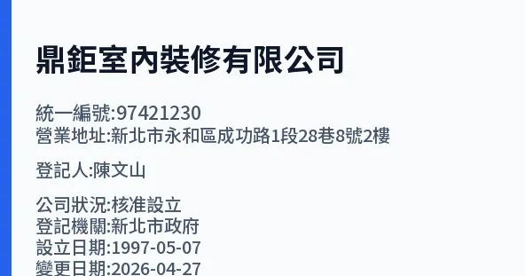 鼎鉅室內裝修有限公司的照片-統編 97421230(新北市) 公司登記資料與營業項目詳細圖表
