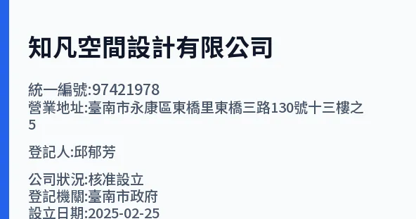 知凡空間設計有限公司的照片-統編 97421978(臺南市) 公司登記資料與營業項目詳細圖表