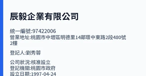辰毅企業有限公司的照片-統編 97422006(桃園市) 公司登記資料與營業項目詳細圖表