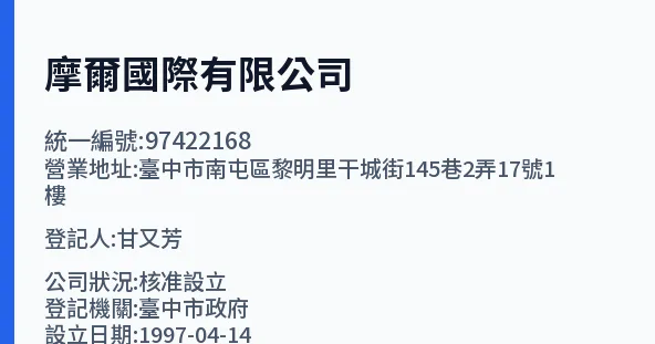 摩爾國際有限公司的照片-統編 97422168(臺中市) 公司登記資料與營業項目詳細圖表