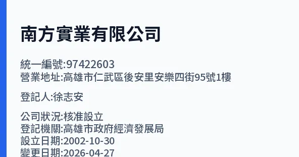 南方實業有限公司的照片-統編 97422603(高雄市) 公司登記資料與營業項目詳細圖表
