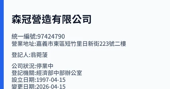 森冠營造有限公司的照片-統編 97424790(嘉義市) 公司登記資料與營業項目詳細圖表