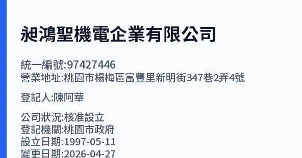 昶鴻聖機電企業有限公司的照片-統編 97427446(桃園市) 公司登記資料與營業項目詳細圖表