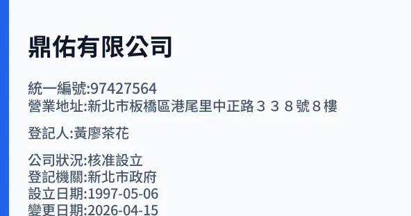 鼎佑有限公司的照片-統編 97427564(新北市) 公司登記資料與營業項目詳細圖表