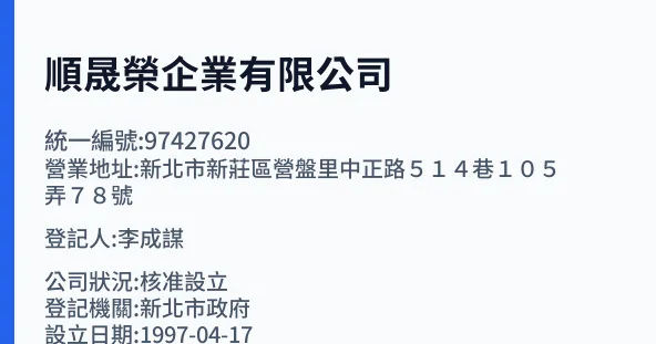 順晟榮企業有限公司的照片-統編 97427620(新北市) 公司登記資料與營業項目詳細圖表