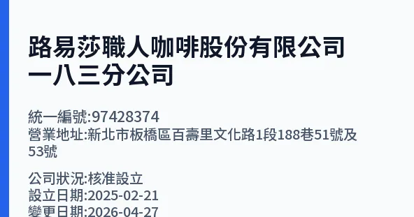 路易莎職人咖啡股份有限公司一八三分公司的照片-統編 97428374(新北市) 公司登記資料與營業項目詳細圖表