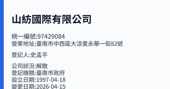 山紡國際有限公司的照片-統編 97429084(臺南市) 公司登記資料與營業項目詳細圖表