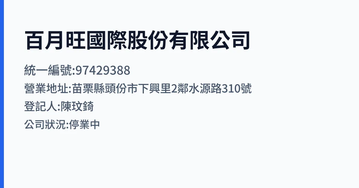百月旺國際股份有限公司 - 統編 97429388(苗栗縣) 公司登記資料與營業項目詳細圖表