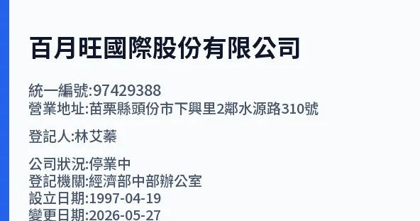 百月旺國際股份有限公司的照片-統編 97429388(苗栗縣) 公司登記資料與營業項目詳細圖表